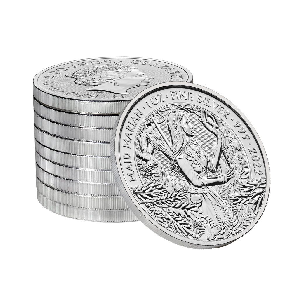 2021 Bullion Maid Marian 1oz Silver Coin reverse on edge white stack ...