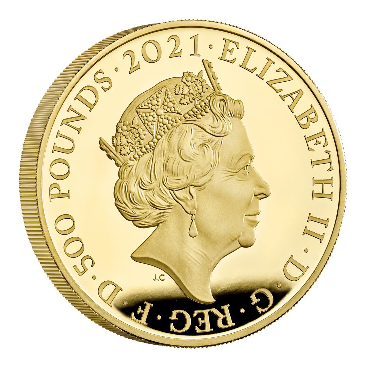 Gothic Crown Quartered Arms 2021 UK 5oz Gold Proof Coin obverse edge ...
